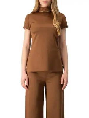 IVONNE Side-slit High-neck Short Sleeve Blouse - Camel