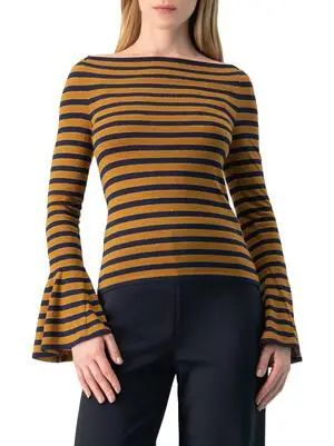 IVONNE Boat-neck Bell-sleeve Striped Blouse - Camel