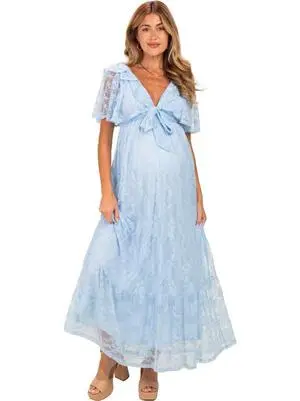 PINKBLUSH Lace Flutter Sleeve Tiered Maxi Dress - Blue