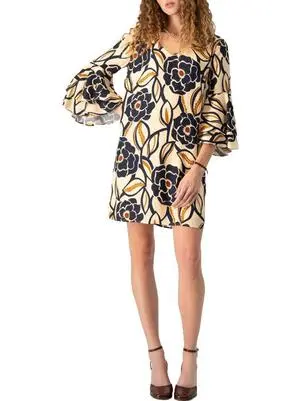 IVONNE Floral V-neck Dress With Tulip Sleeves - Light Brown