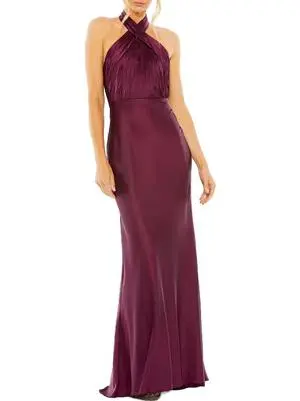 Mac Duggal Pleated Halter Neck Gown - Plum