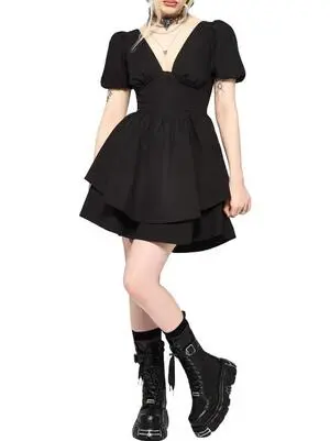 DISTURBIA Obsidia Corset Mini Dress With Puff Sleeves And Tiered Skirt - Black