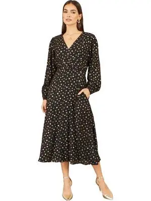 YUMI Long Sleeve Foil Print Midi Dress - Black