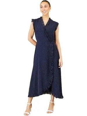 YUMI Polka Dot Midi Wrap Dress - Navy
