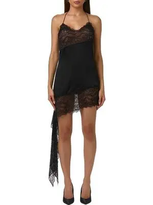 NAKED WARDROBE Naked Wardrobe Asymmetrical Stretch Silk Minidress With Lace Trim