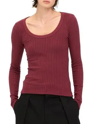 PROJECT SOCIAL T Ribbed Scoop Neck Long Sleeve Top - Dark Cherry