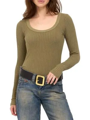 PROJECT SOCIAL T Ribbed Scoop Neck Long Sleeve Top - Olive