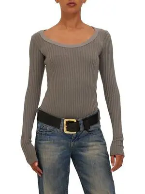 PROJECT SOCIAL T Ribbed Scoop Neck Long Sleeve Top - Slate