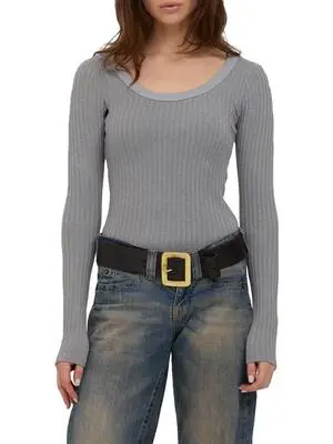 PROJECT SOCIAL T Ribbed Scoop Neck Long Sleeve Top - Smokey Blue