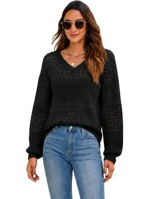ZILPU Pointelle Knit V-neck Sweater - Black