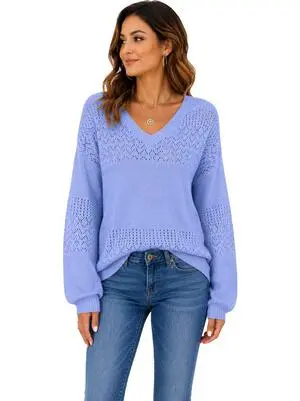 ZILPU Pointelle Knit V-neck Sweater - Blue