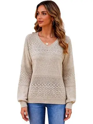 ZILPU Pointelle Knit V-neck Sweater - Camel