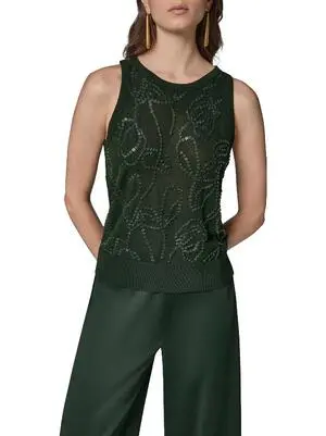 Donna Karan New York Sleeveless Beaded Floral Knit Top - Black Forest