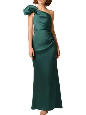 Aidan Mattox One-shoulder Mikado Gown With Draping And Pleats - Forest