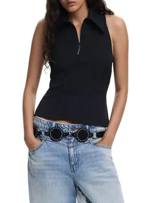 Desigual Sleeveless Pleated Half-zip Collared Top - Black