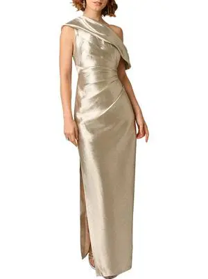 Aidan Mattox One-shoulder Jacquard Gown With Slit - Light Gold