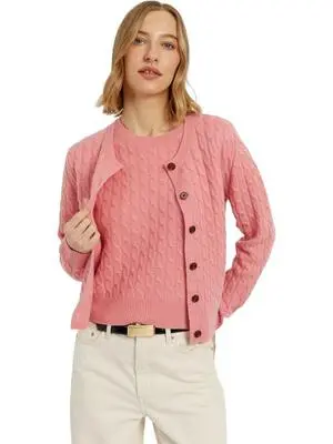 Chinti & Parker Pure Cashmere Cabled Crew Neck Cardigan - Salmon