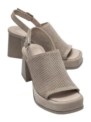 FOREVER & ALWAYS SHOES Leather Platform Block Heel Sandals With Laser Cut Detailing - Beige Suede