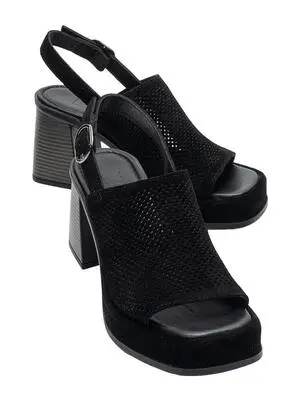 FOREVER & ALWAYS SHOES Leather Platform Block Heel Sandals With Laser Cut Detailing - Black Suede