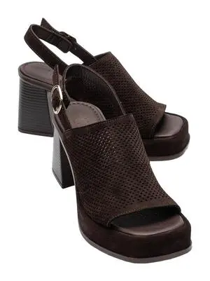 FOREVER & ALWAYS SHOES Leather Platform Block Heel Sandals With Laser Cut Detailing - Brown Suede
