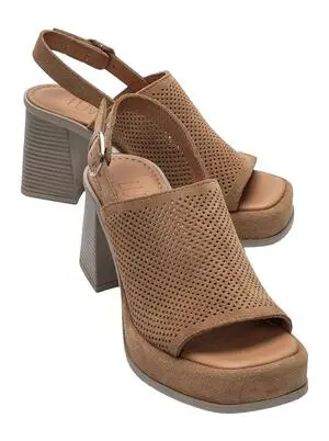 FOREVER & ALWAYS SHOES Leather Platform Block Heel Sandals With Laser Cut Detailing - Cognac Suede