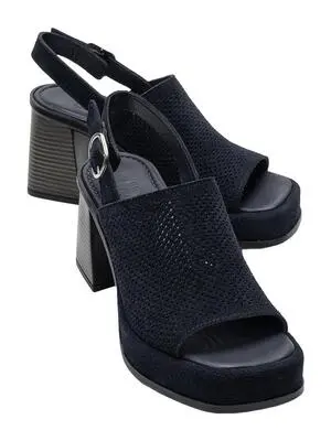 FOREVER & ALWAYS SHOES Leather Platform Block Heel Sandals With Laser Cut Detailing - Navy Suede