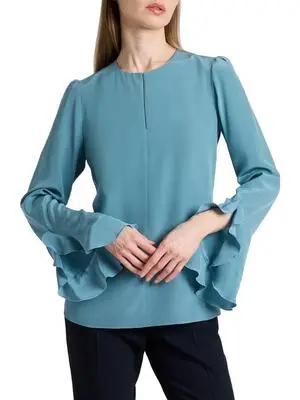 Santorelli Anna Silk Ruffle Cuff Blouse - Sea Mist