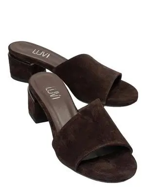 FOREVER & ALWAYS SHOES Delavie Leather Block Heel Sandal - Brown Suede
