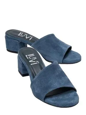FOREVER & ALWAYS SHOES Delavie Leather Block Heel Sandal - Denim Blue Suede