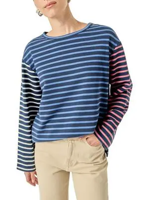 English Factory Mixed Stripe Long Sleeve Top - Navy Multi