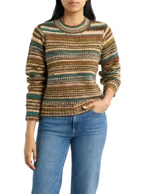 CITY BLUES Mixed Stripe Crewneck Sweater - Brown Multi