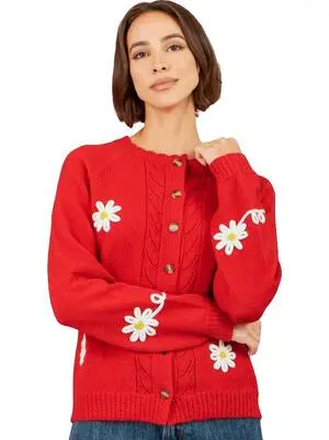 YUMI Daisy Applique Cardigan - Red
