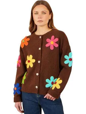 YUMI Knitted Flower Applique Cardigan - Brown