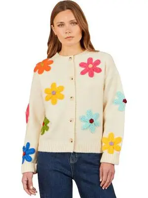 YUMI Knitted Flower Applique Cardigan - Ivory