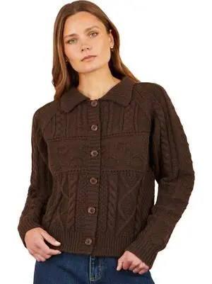 YUMI Collared Cable Knit Boxy Cardigan - Brown