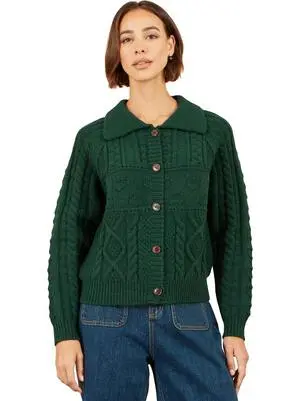 YUMI Collared Cable Knit Boxy Cardigan - Green