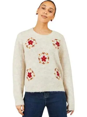 YUMI Patch Floral Embroidered Relaxed Jumper - Ivory