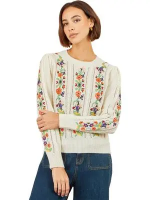 YUMI Floral Embroidery Cable Knit Jumper - Ivory