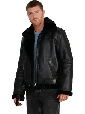 FURNIQ UK Leather Shearling Aviator Jacket - Black