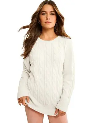 Roaman's Cozy Cable Crewneck Sweater Ivory