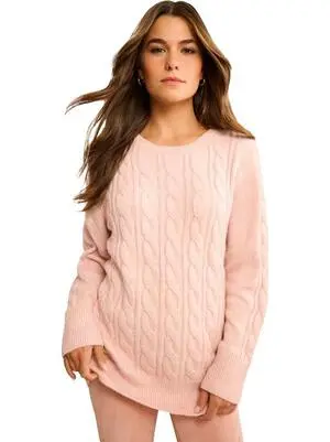 Roaman's Cozy Cable Crewneck Sweater Soft Blush