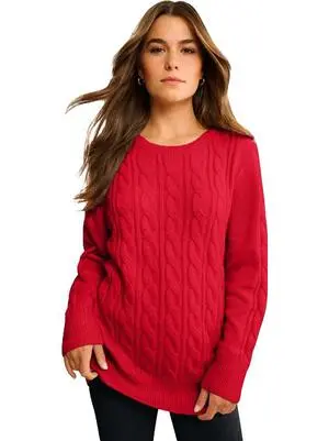 Roaman's Cozy Cable Crewneck Sweater Vivid Red