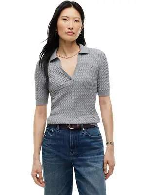 Tommy Hilfiger Short-sleeve Cable Knit Polo Sweater - Medium Grey Heather