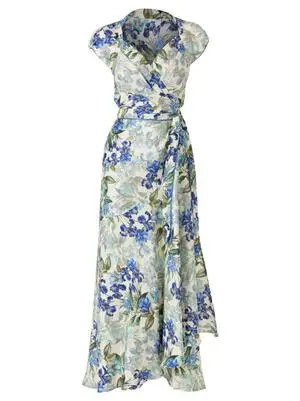 SACHA DRAKE Mariette Wrap Dress In Iris Floral Print Silk Linen - Blue