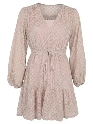 MODENAIRE Polka Dot Embroidered Lace V-neck Tie Waist Dress - Pink