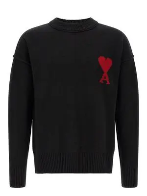 AMI Paris Crew Neck Wool Sweater With De Coeur Logo - Black