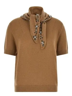 Prada PRADA Short Sleeve Cashmere Sweater With Embellished Scarf Detail Beige