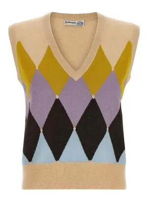 BALLANTYNE Argyle Diamond Pattern V-neck Cashmere Vest - Beige