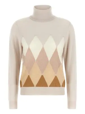 BALLANTYNE Cashmere Turtleneck Sweater With Diamond Intarsia - Beige