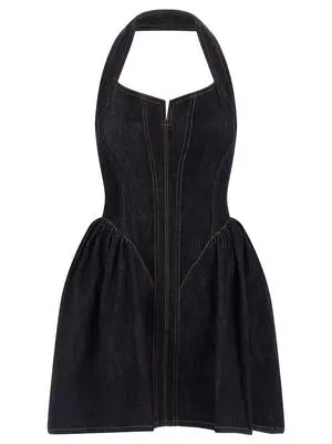 SELF-PORTRAIT Denim Halterneck Corset Mini Dress - Blue